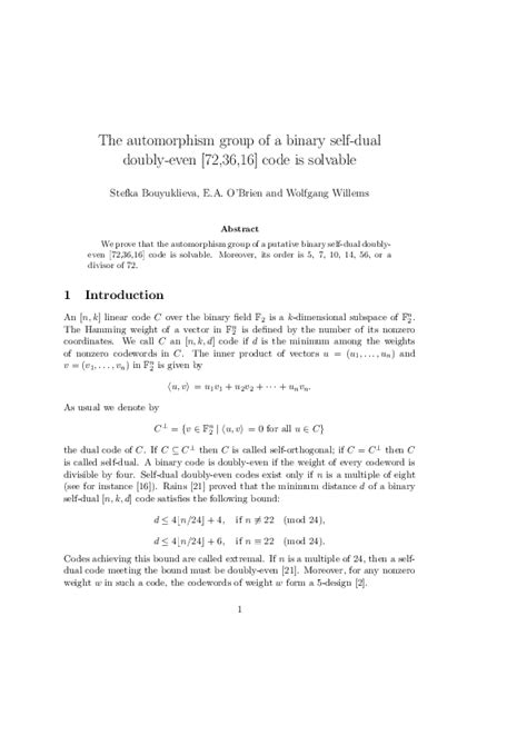 Pdf The Automorphism Group Of A Binary Self Dual Doubly Even 7236