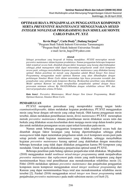 Pdf Optimasi Biaya Penjadwalan Penggantian Komponen Serta Preventive