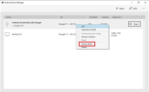 Xamarin Avd Manager Cant See Wipe Data Or Emulated Performance Stack Overflow