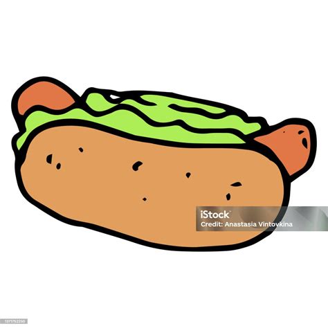 핫도그 아이콘 색상 소성 스타일의 수제 길거리 음식 핫도그 검은 색 윤곽 소시지와 녹색 샐러드를 흰색으로 만든 갈색 빵과 메뉴