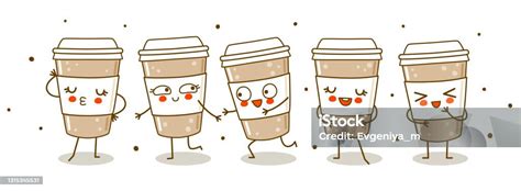 흰색에 고립 된 귀여운 커피 컵과 수평 테두리 재미있는 디자인을위한 만화 캐릭터 가공의 인물에 대한 스톡 벡터 아트 및 기타 이미지 가공의 인물 귀여운 낙서 드로잉