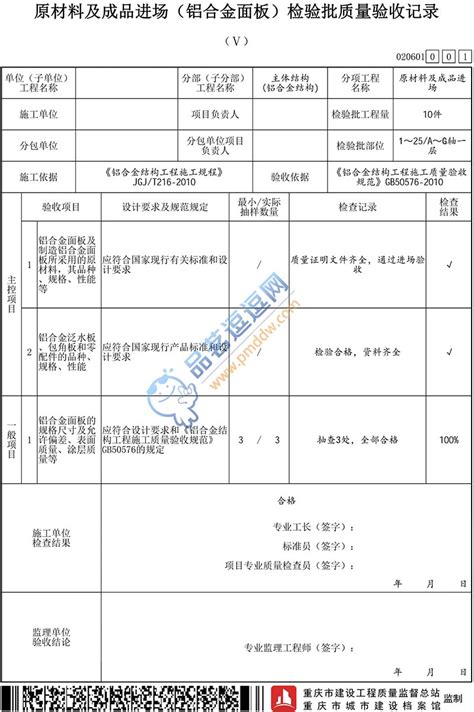 020601 原材料及成品进场铝合金面板检验批质量验收记录 Ⅴ 品茗逗逗网 品茗施工软件服务平台