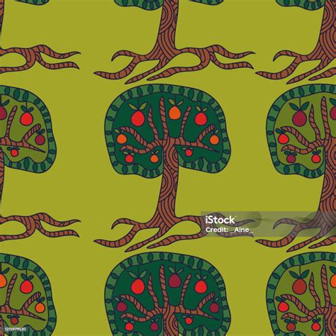 숲 녹색 낙서 원활한 패턴입니다 판타지 사과 나무와 배경 포장지 섬유 디자인 인사말 카드 그래픽 디자인을위한 끝없는 꽃 패턴 벡터 그림입니다 과일에 대한 스톡 벡터 아트 및