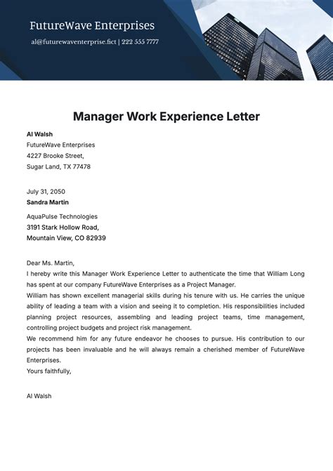 Free Manager Work Experience Letter Template To Edit Online