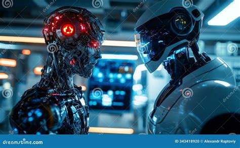 Two Advanced Robots Engage In A Tense Standoff In A Futuristic Research Facility Late At Night