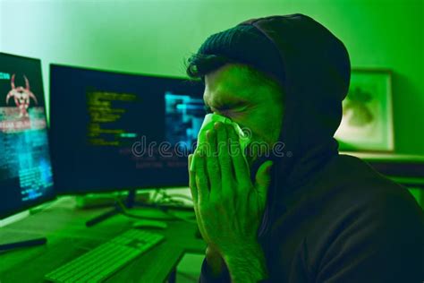 Man Crime Or Sick Hacker With Virus In Office For Coding Online Fraud Or Computer