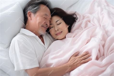 Premium Photo Mature Asian Romantic Couple Sleeping And Hugging In Bed Covered With Blanket