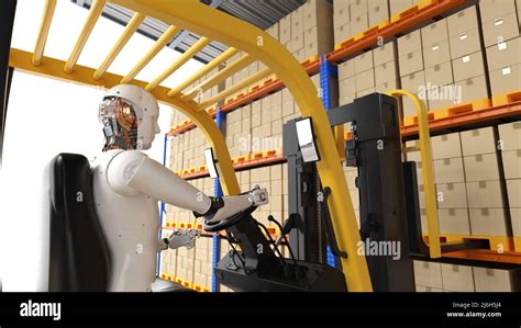 Automation Warehouse Management With D Rendering Robot Drive Forklift In Warehouse Stock Photo
