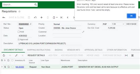 Error Creating Purchase Order Community