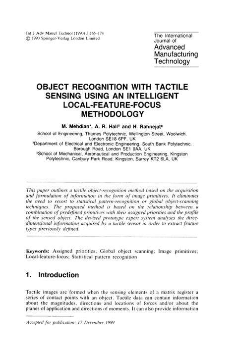 Pdf Object Recognition With Tactile Sensing Using An Intelligent Local Feature Focus Methodology