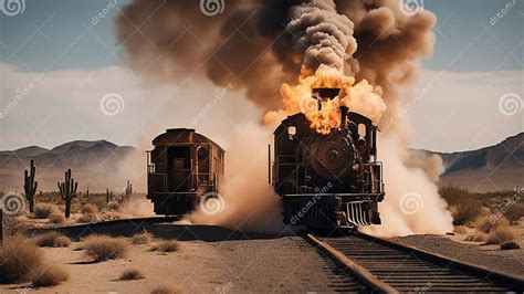 Steam Train With Smoke Exploding Old Western Train On Fire Flames Burning That Chugs Along A
