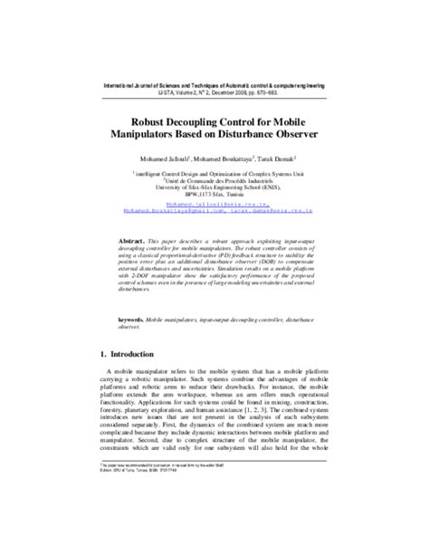 Pdf Robust Decoupling Control For Mobile Manipulators Based On Disturbance Observer