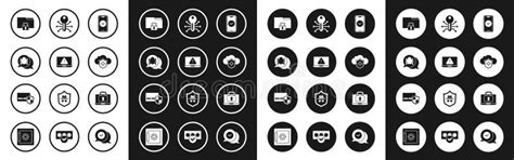 Set Smartphone Laptop With Exclamation Mark System Bug Folder And Lock Cloud Shield Key