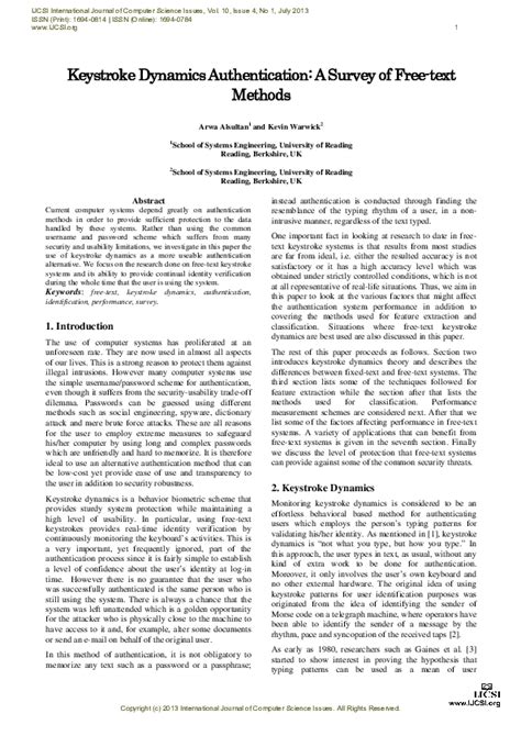 Pdf Keystroke Dynamics Authentication A Survey Of Free Text Methods