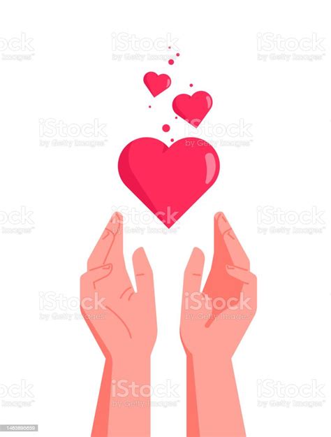 떠다니는 붉은 하트에 손을 뻗는다 사랑을 나누고 다른 사람들을 돕고 글로벌 커뮤니티가 지원하는 자선 단체를 위한 벡터 삽화 개념 소셜 미디어 모바일 앱 및 게임용 스티커
