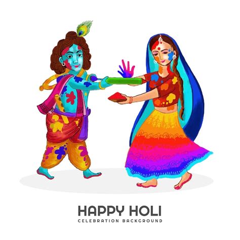 Free Vector Holi Greetings With Joyful Krishna And Radha Playing With Colors Design