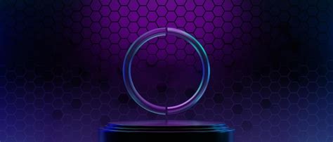 미래형 사이버펑크 디스플레이 게임 공상 과학 무대 받침대 배경 게이머 배너의 3d 그림 렌더링 제품에 대한 네온 글로우 스탠드 연단 프리미엄 사진