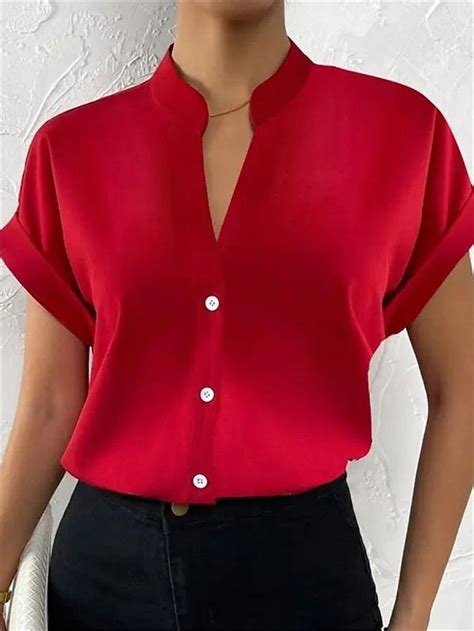 Camisa De Mujer Blusa Elegante Blusas Elegantes Moda Negocios Botones Manga Corta Blusas