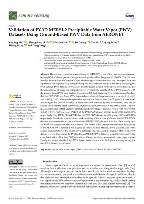 Pdf Validation Of Fy 3d Mersi 2 Precipitable Water Vapor Pwv Datasets Using Ground Based Pwv