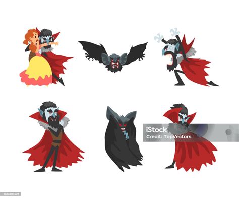 드라큘라 백작 빨간 망토 벡터 세트를 입은 무서운 뱀파이어 캐릭터 드라큘라 백작에 대한 스톡 벡터 아트 및 기타 이미지 드라큘라 백작 유머 검은색 Istock