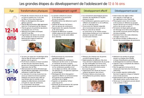Les Grandes étapes Du Développement De Ladolescent De 12 à 16 Ans