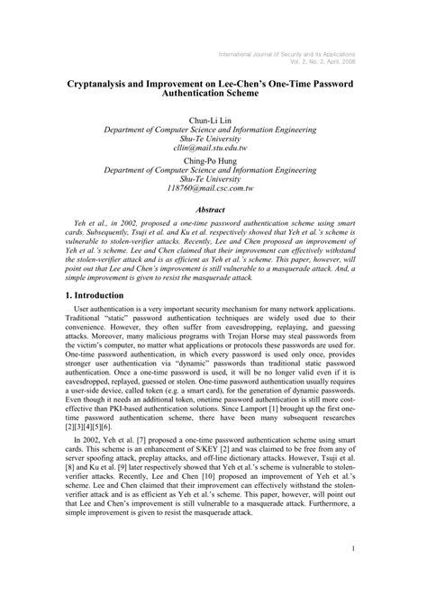 Pdf Cryptanalysis And Improvement On Lee Chens One Time Password