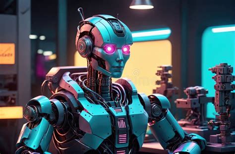 Futuristic Robot With Neon Eyes In High Tech Laboratory Setting At Night Stock Image Image Of