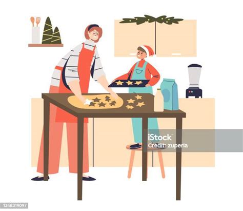 어머니와 아이 요리 전통적인 크리스마스 생강 쿠키 준비 용 크리스마스 이브와 새해 오븐에 굽기에 대한 스톡 벡터 아트 및 기타