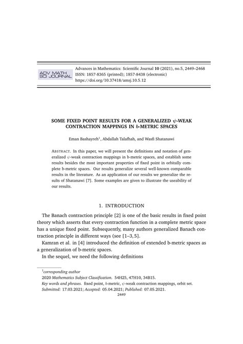 Pdf Some Fixed Point Results For A Generalized Psi Weak Contraction Mappings In B Metric Spaces