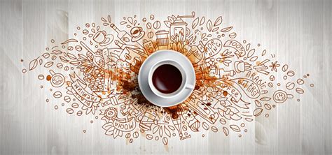 나무 배경에 커피 컨셉화이트 커피 컵 커피 콩 아침 에스프레소 카페 아침 식사에 대 한 낙서 그림으로 평면도 커피 밝아진와 아침 커피 벡터 일러스트 손 그리기 및 수채화