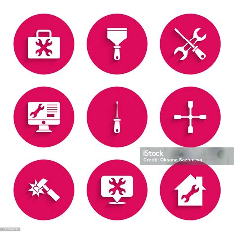 스크류 드라이버 렌치 하우스 수리 휠 해머 컴퓨터 모니터 서비스 및 툴박스 아이콘이 있는 위치 설정 벡터 갈고리 발톱에 대한 스톡 벡터 아트 및 기타 이미지 Istock