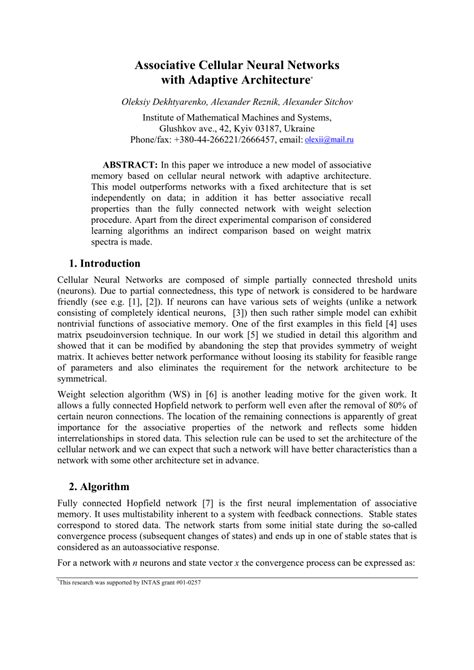 Pdf Associative Cellular Neural Networks With Adaptive Architecture