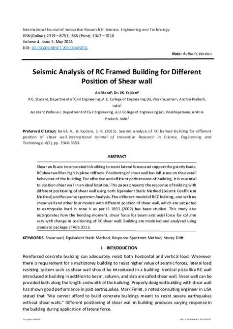 Pdf Seismic Analysis Of Rc Framed Building For Different Position Of