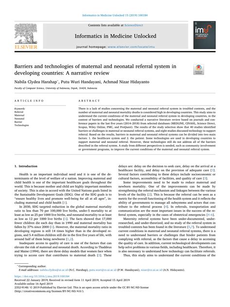 Pdf Barriers And Technologies Of Maternal And Neonatal Referral System In Developing Countries