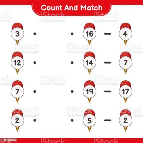 계산 및 일치 아이스크림의 수를 계산하고 올바른 숫자와 일치합니다 교육 어린이 게임 인쇄 워크 시트 벡터 일러스트레이션 0명에 대한 스톡 벡터 아트 및 기타 이미지 Istock