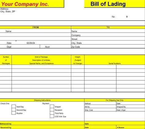 Bill Of Lading Templates Excel Word Template