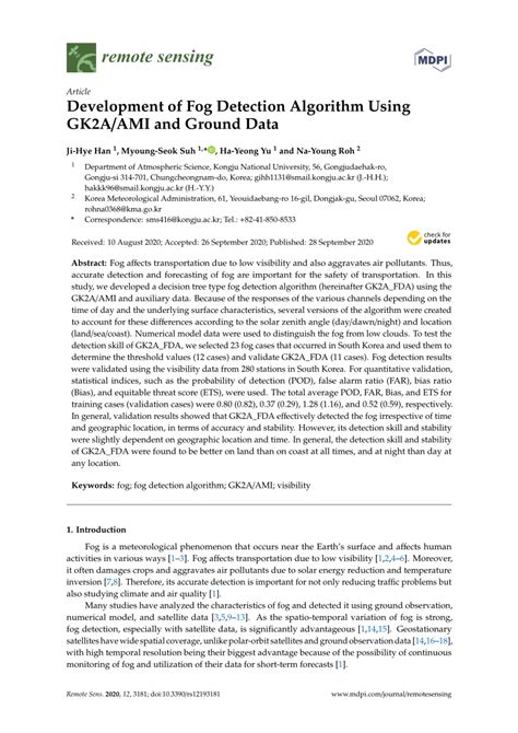 Pdf Development Of Fog Detection Algorithm Using Gk2aami And Ground Data