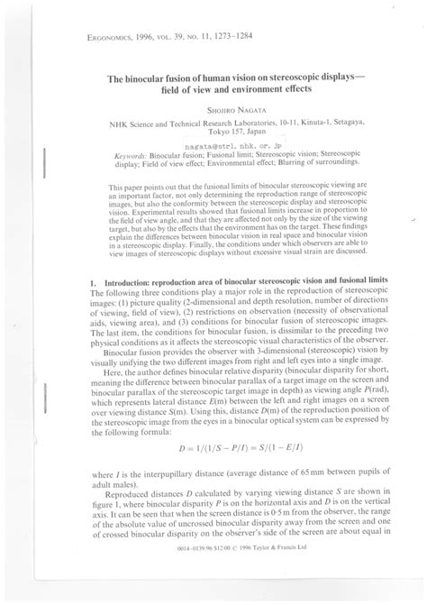 PDF The Binocular Fusion Of Human Vision On Stereoscopic Displays Field Of View And