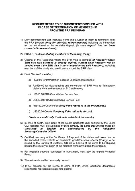 Requirements For SRRV Termination Exit Interview Form