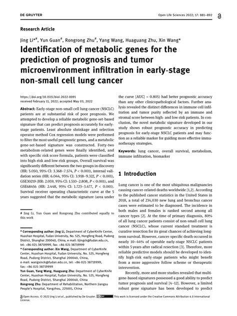 Pdf Identification Of Metabolic Genes For The Prediction Of Prognosis And Tumor