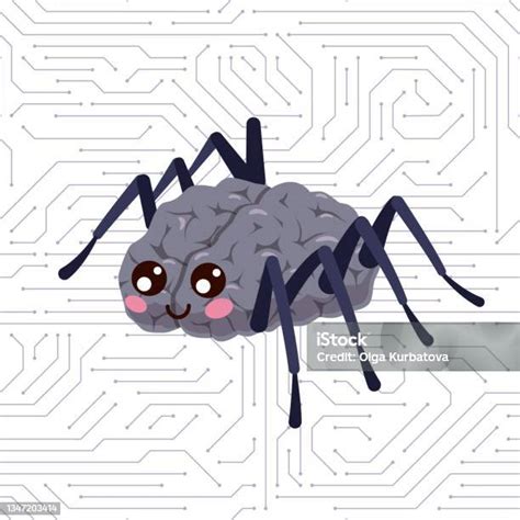 거미 뇌 곤충 발과 웃는 얼굴로 마음 오르간 해커 마스코트와 사이버 그물 버그가 네트워크 거미줄에서 크롤링됩니다 지능형 디지털 기술 컴퓨터 바이러스 벡터 개념 거미에 대한
