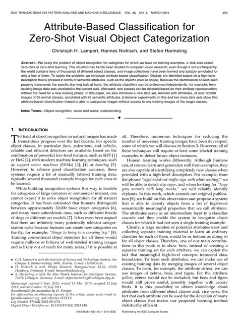 Attribute Based Classification For Zero Shot Visual Object Categorization Pdf Support Vector