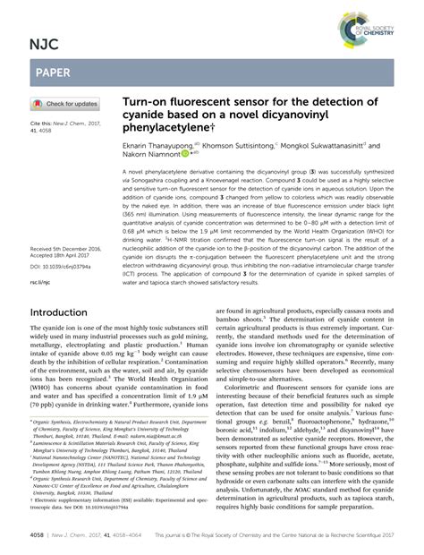 Pdf Turn On Fluorescence Sensor For Detection Of Cyanide Based A
