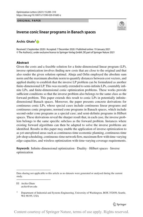 Inverse Conic Linear Programs In Banach Spaces