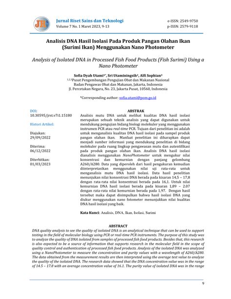 Pdf Analisis Dna Hasil Isolasi Pada Produk Pangan Olahan Ikan Surimi Ikan Menggunakan Nano