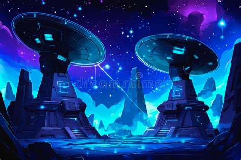Futuristic Communication Landscape At Dusk With Satellite Dishes And Cosmic Backdrop Stock Image