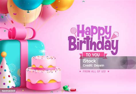 생일 축하 텍스트 벡터 디자인입니다 선물 상자 케이크 풍선 파티 모자가 있는 생일 타이포그래피 생일에 대한 스톡 벡터 아트 및 기타 이미지 Istock