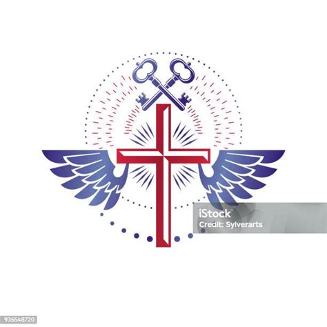 기독교 십자가 장식 상징 보안 키로 구성 날개 달린된 전 령 벡터 디자인 요소입니다 종교적 빈티지 예술 기호 수호 천사입니다 0명에 대한 스톡 벡터 아트 및 기타 이미지