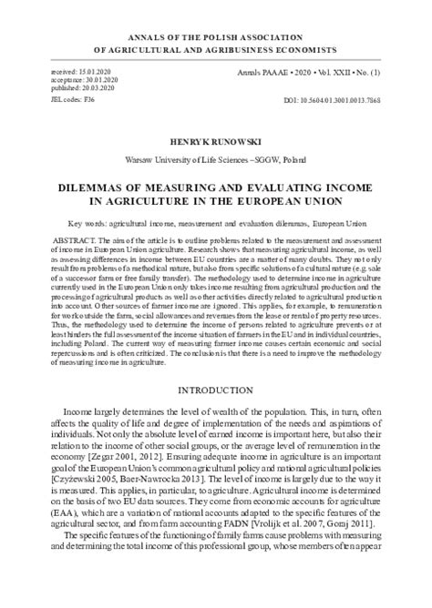Pdf Dilemmas Of Measuring And Evaluating Income In Agriculture In The