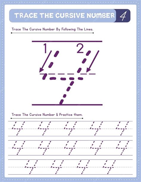 Premium Vector English Cursive Number Tracing Handwriting Worksheet With Arrow Direction Number 4